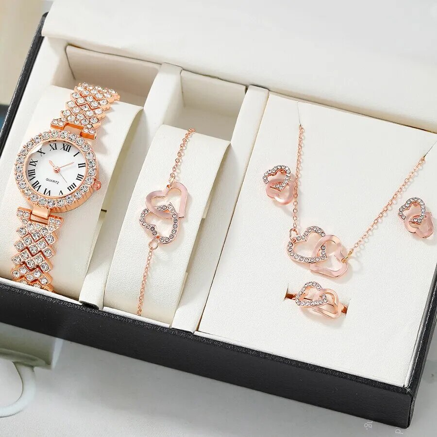 Elegant Ladies' Watch Set with 6pc Dainty Quartz Watch Heart Jewelry ...