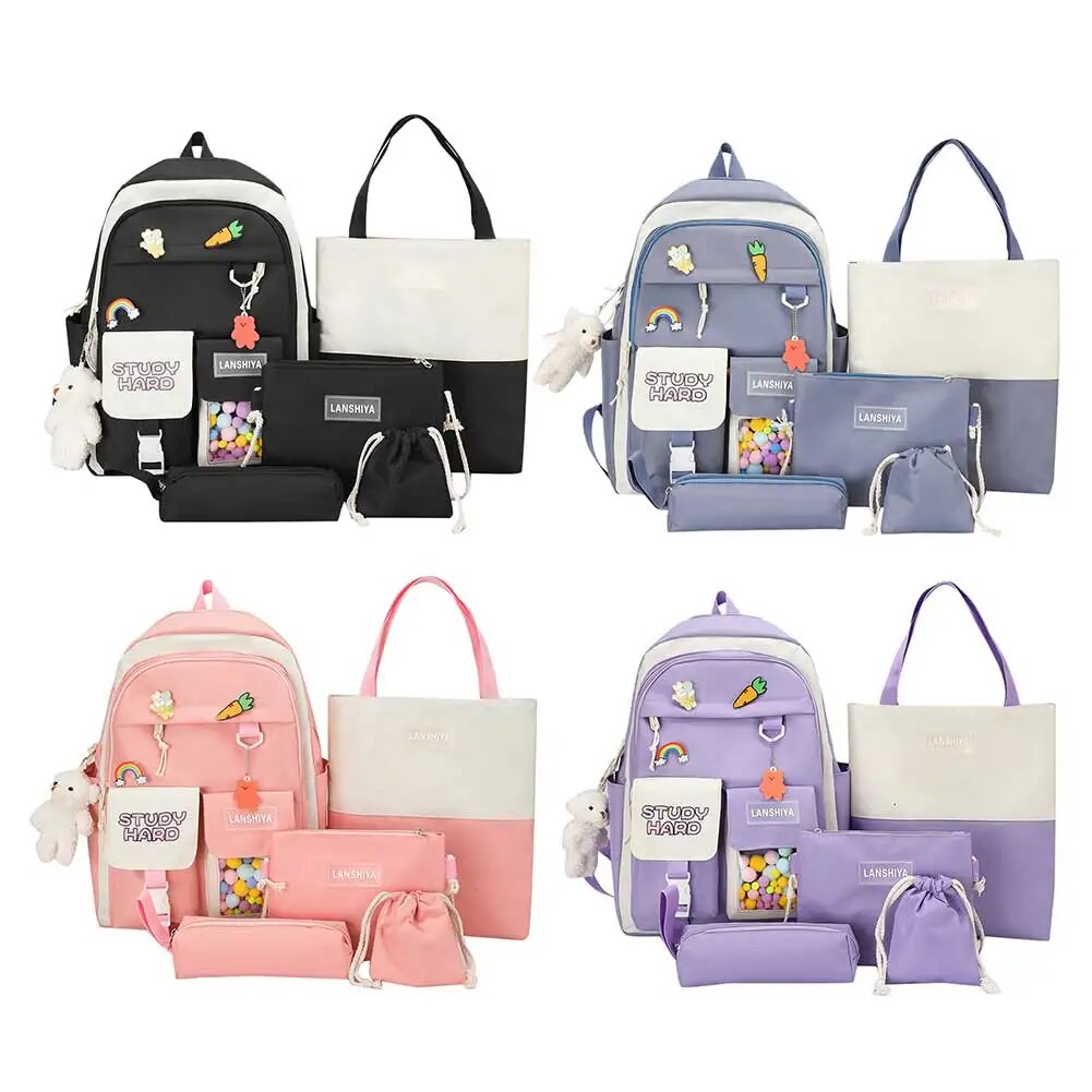 Women Student Backpack Large Capacity 5pcs/set School Book Bags Simple ...
