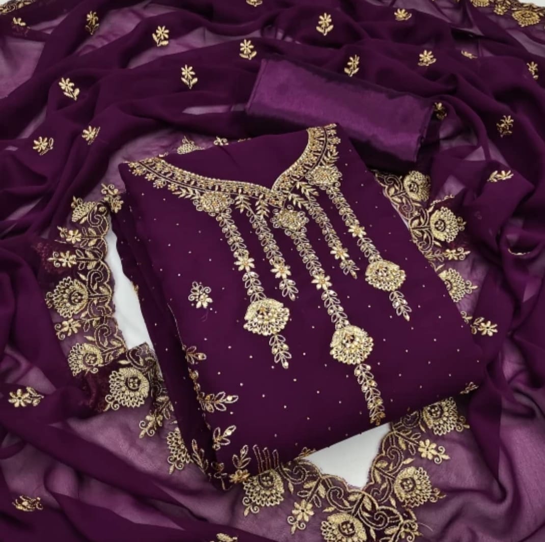 Ghulmohor Embro Work Georgette/Jorjet Shalwar Kameez Four Piece Party ...