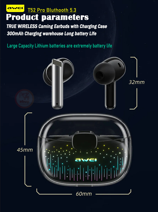Awei T52 Pro True Wireless Gaming Earbuds TWS Bluetooth 5.3 Earphones ...