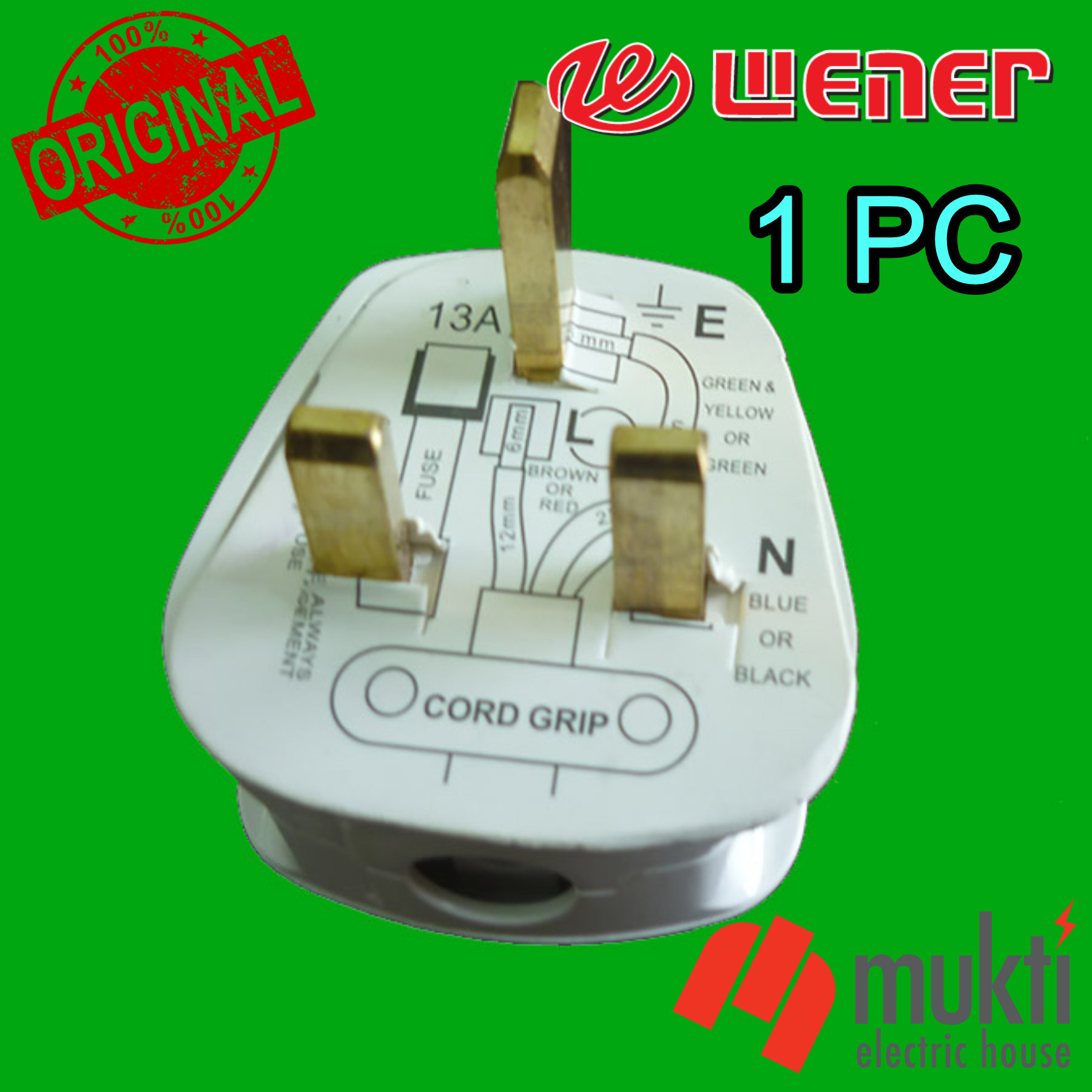WENER Fused 13A 3 Pin Flat Plug Premium Quality White Connector Cord ...