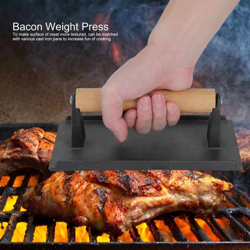 Cast Iron Grill Press Steak Bacon Weight Barbecue Griddle with Wood ...