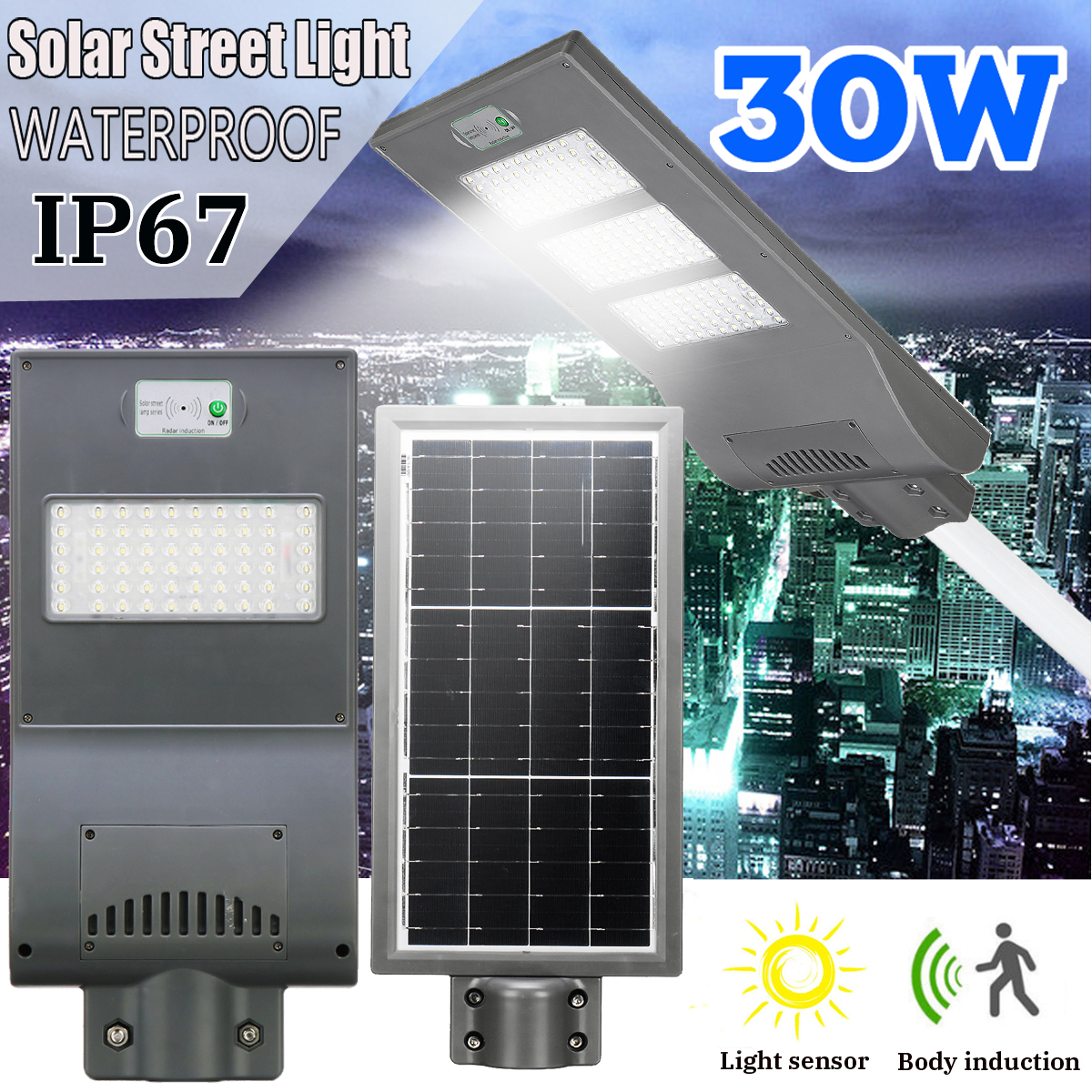 30W PIR Motion Sensor+Light Sensor Rechargeable Solar Power Street ...