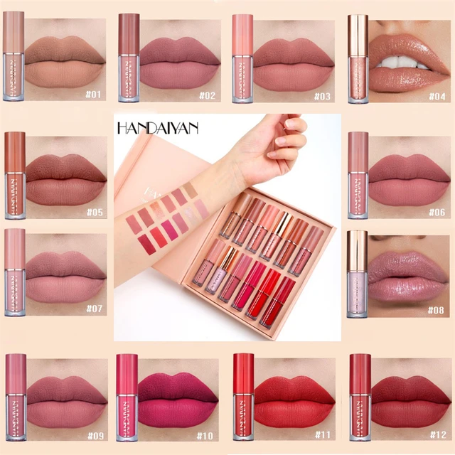 HANDAIYAN 12 Colors 2.5ml Lip Gloss Set Matte Pearlescent Non-Sticky ...