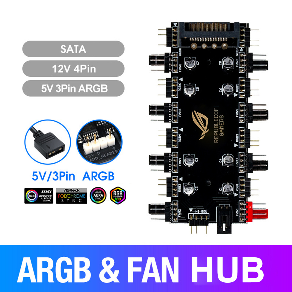 1 To 8 Way Splitter RGB PWM Hub PC 5V 3PIN/12V 4PIN Cooling Fan HUB RGB ...