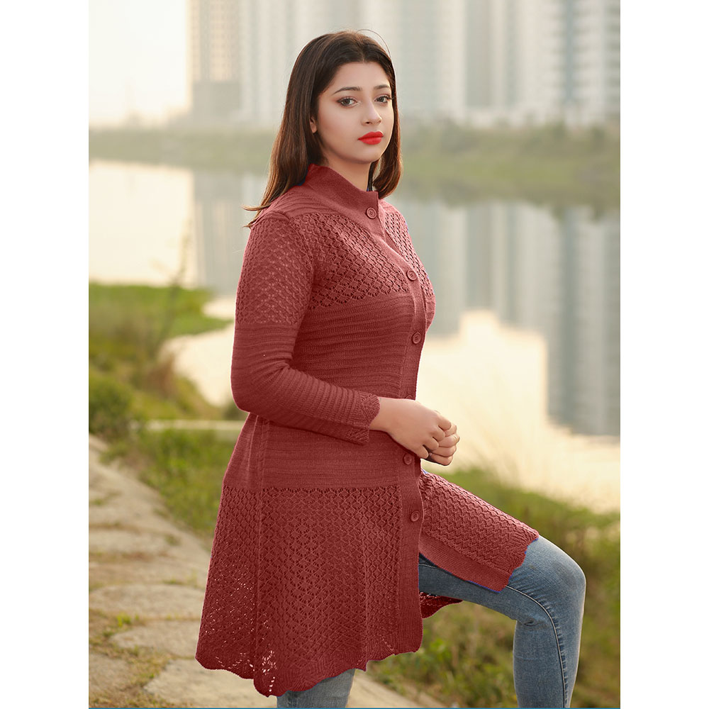 Women Maroon Jacquard Fashion Design Front-Open Sweater | Daraz.com.bd