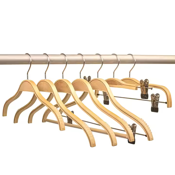 12 pcs Durable Wood Pants Hanger Metal Clips Wooden Hotel Hanger