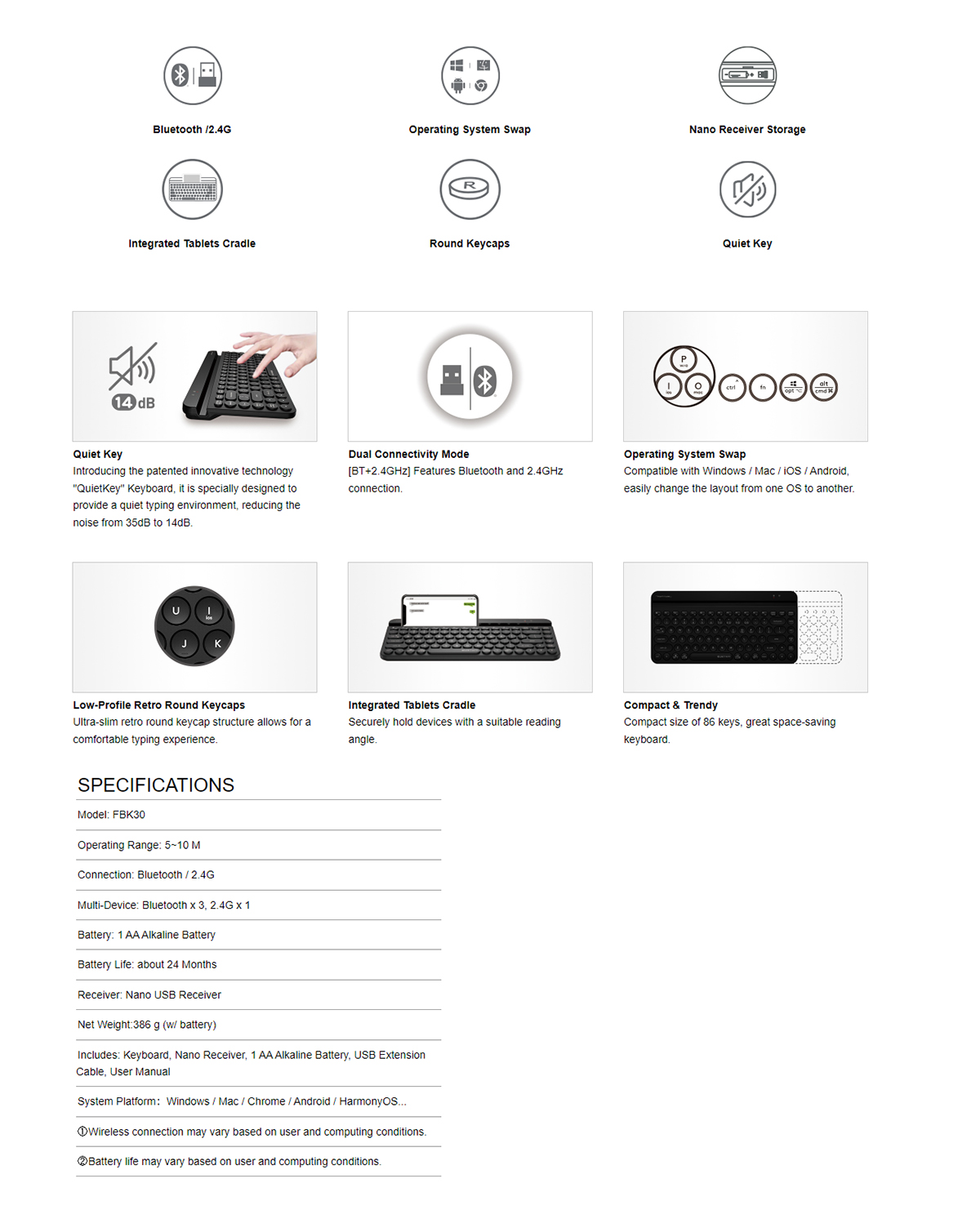 A4tech Fstyler FBK30 Multi-Mode Wireless Keyboard - 2.4G & Bluetooth ...