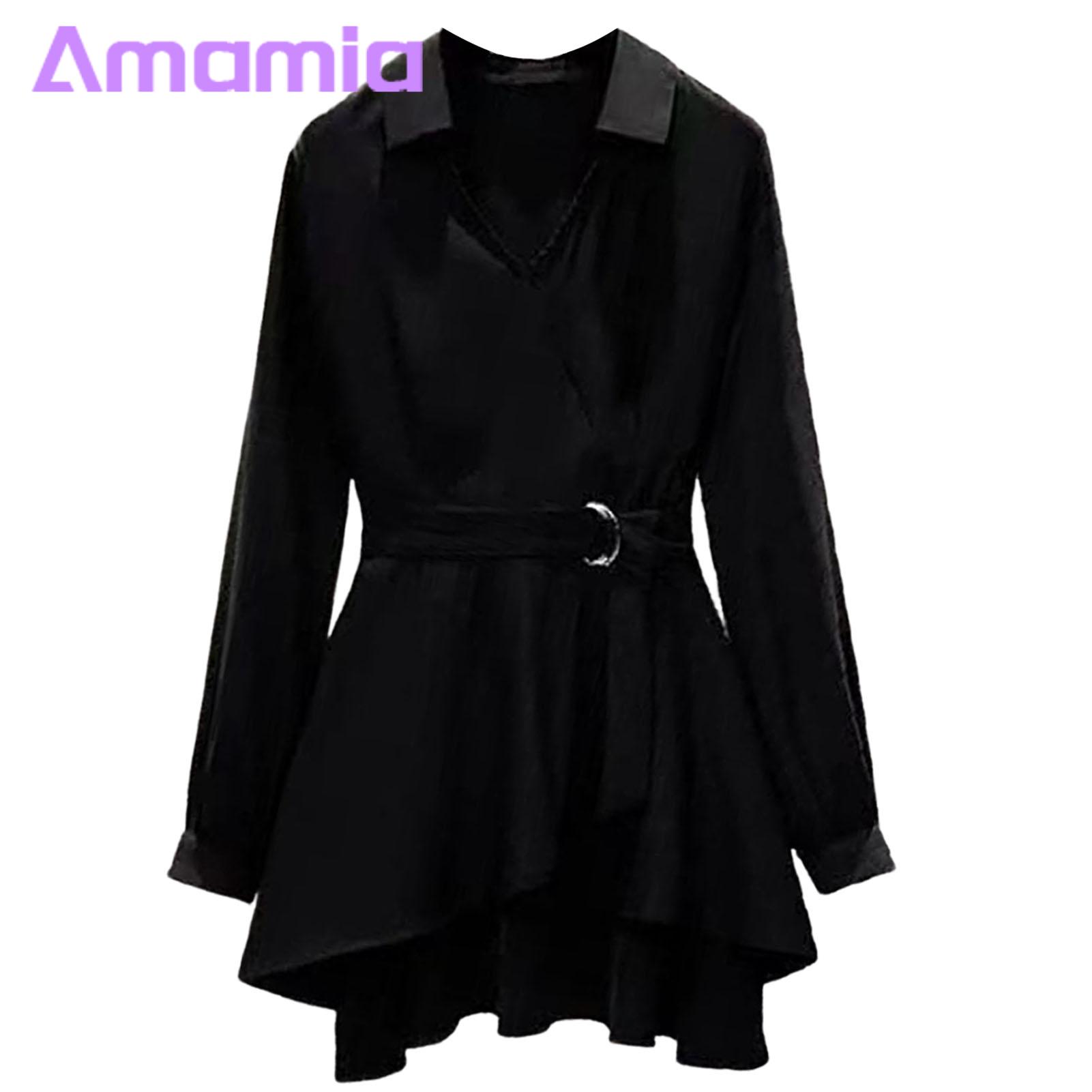 Amamia Tunic Shirt Long Sleeves Waist Tight Adjustable Belt Pullover ...