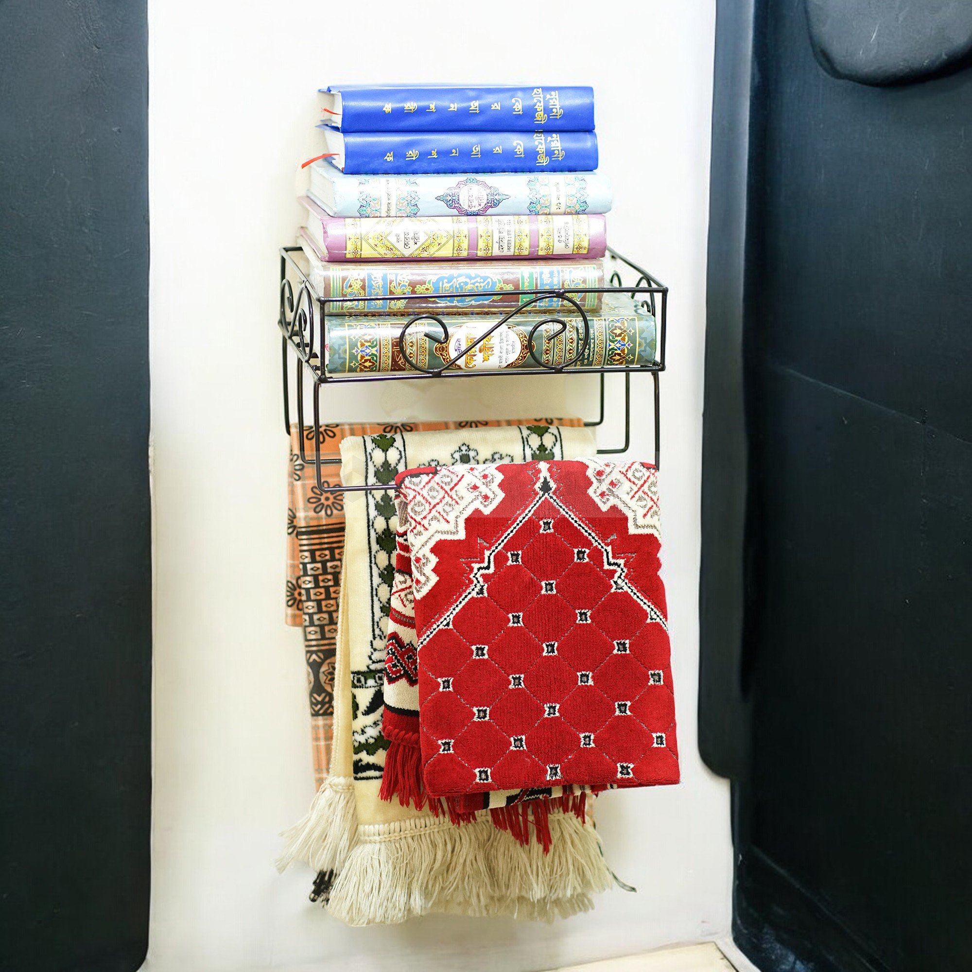 Black Metal Wall Mounted Quran Stand and Jaynamaz Shelf – Comes with 3 ...