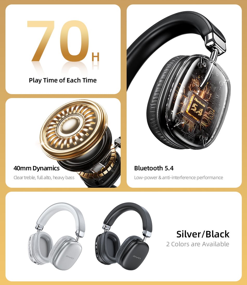 Awei AT7 Headphones 70 hours Long Play Time Bluetooth Headphone Over ...