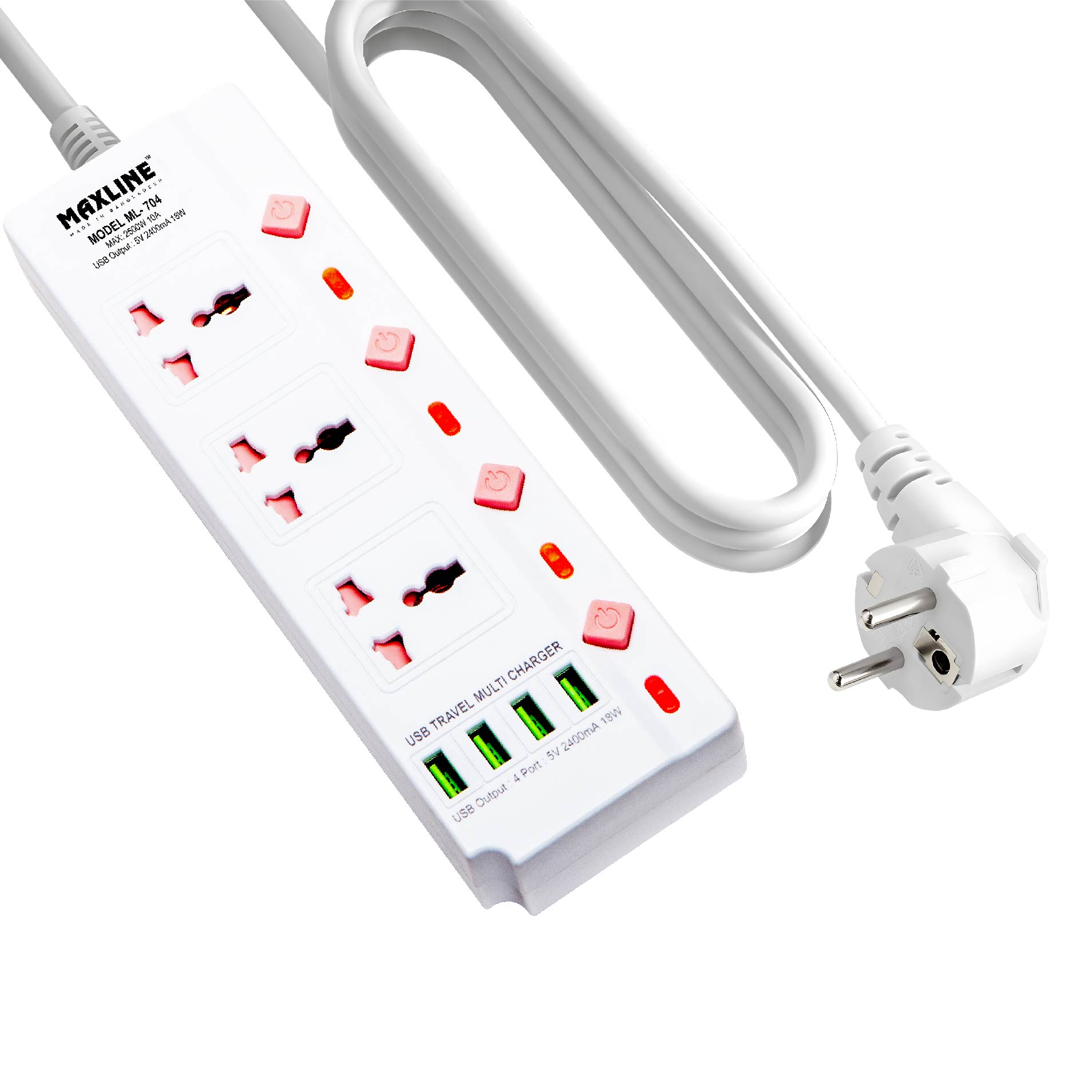 MaxLine Heavy Duty Multiplug -ML-704 4 Port USB 7 Outlets Multiplug Charger-3 Miter Wire/ 10 Fit ...