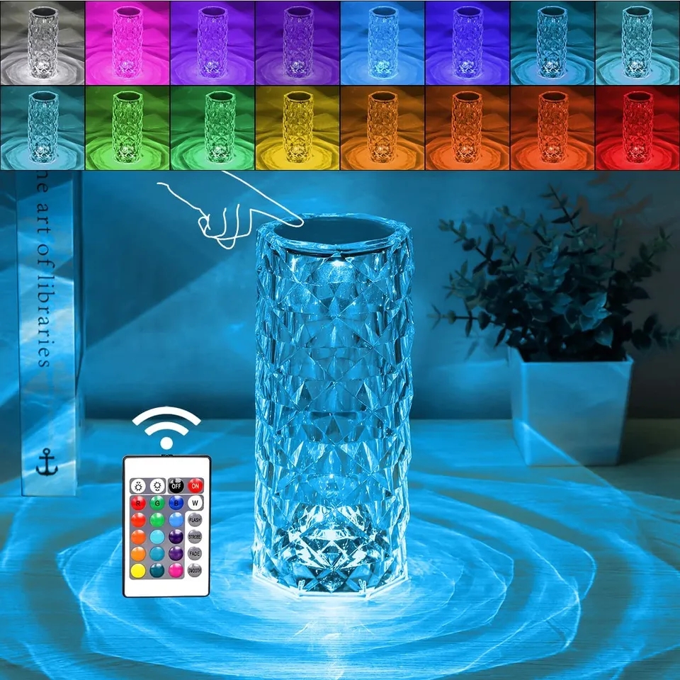 Crystal Table Lamp RGB Color Changing Night Light Remote Romantic LED ...