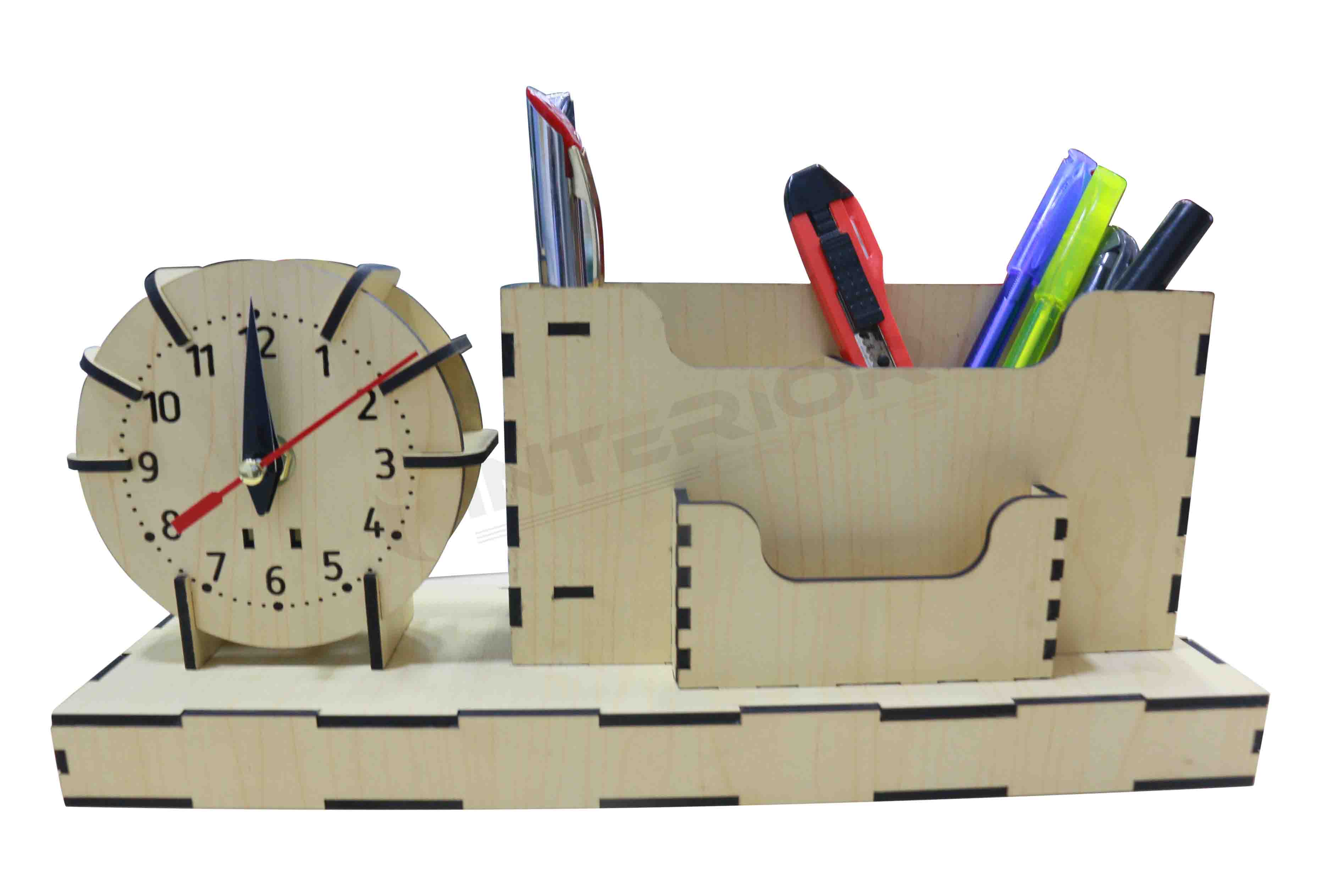 Wooden Pen/Pencel Multi Desk Organizer Card Holder With Clock Maple ...