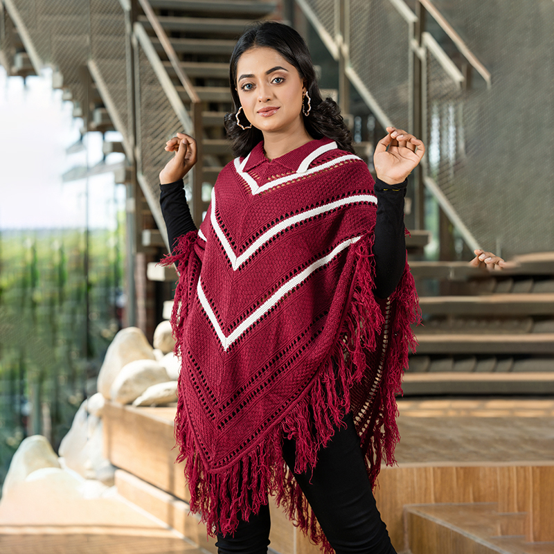 Women Maroon & White Longline Poncho | Daraz.com.bd