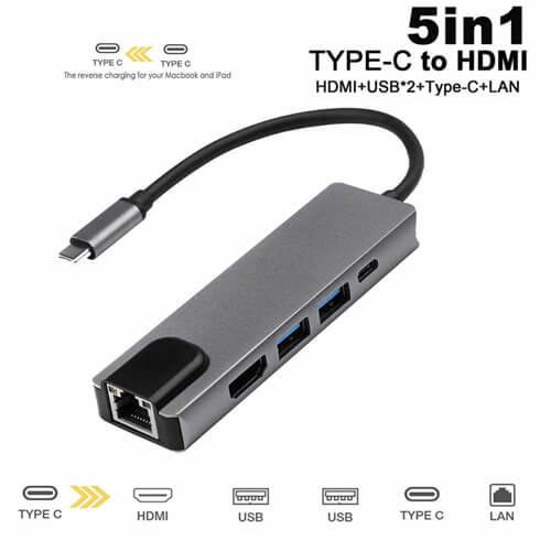 5 in 1 USB Type C Hub Hdmi 4K USB C Hub to Gigabit Ethernet Rj45 Lan ...