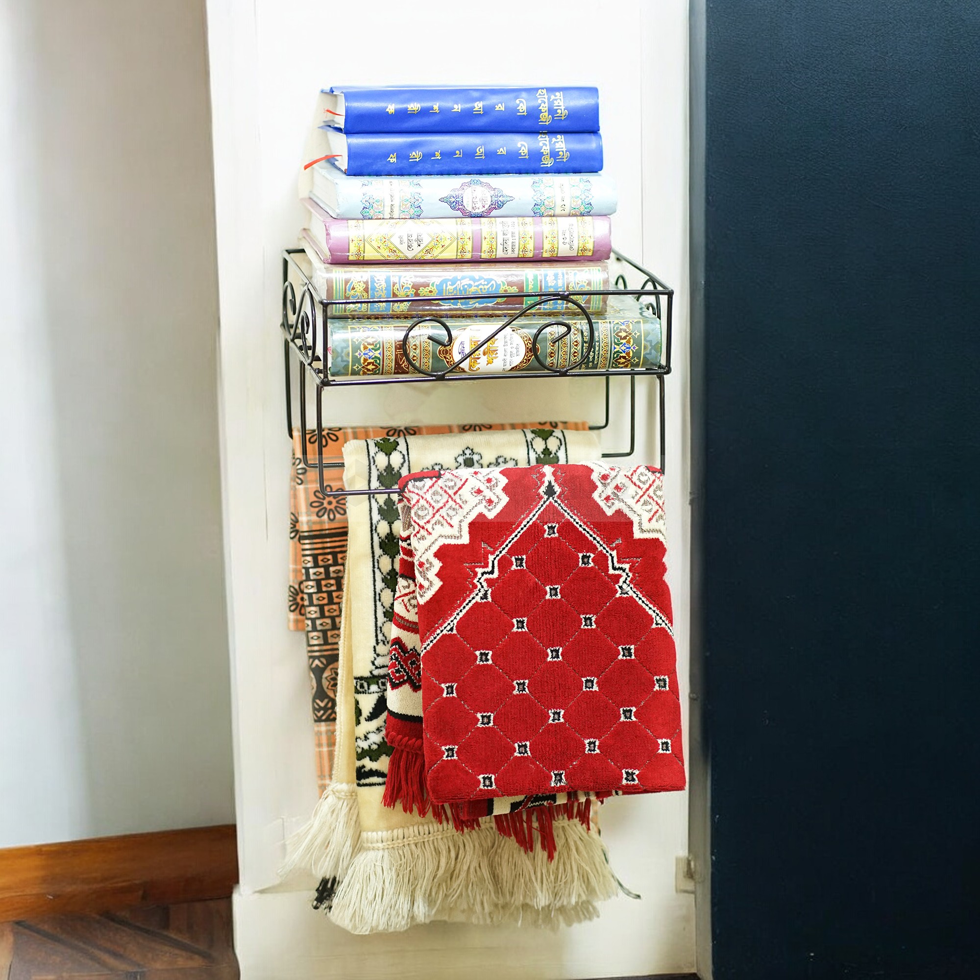 Versatile Black Metal Wall Mounted Quran Stand and Jaynamaz Shelf ...