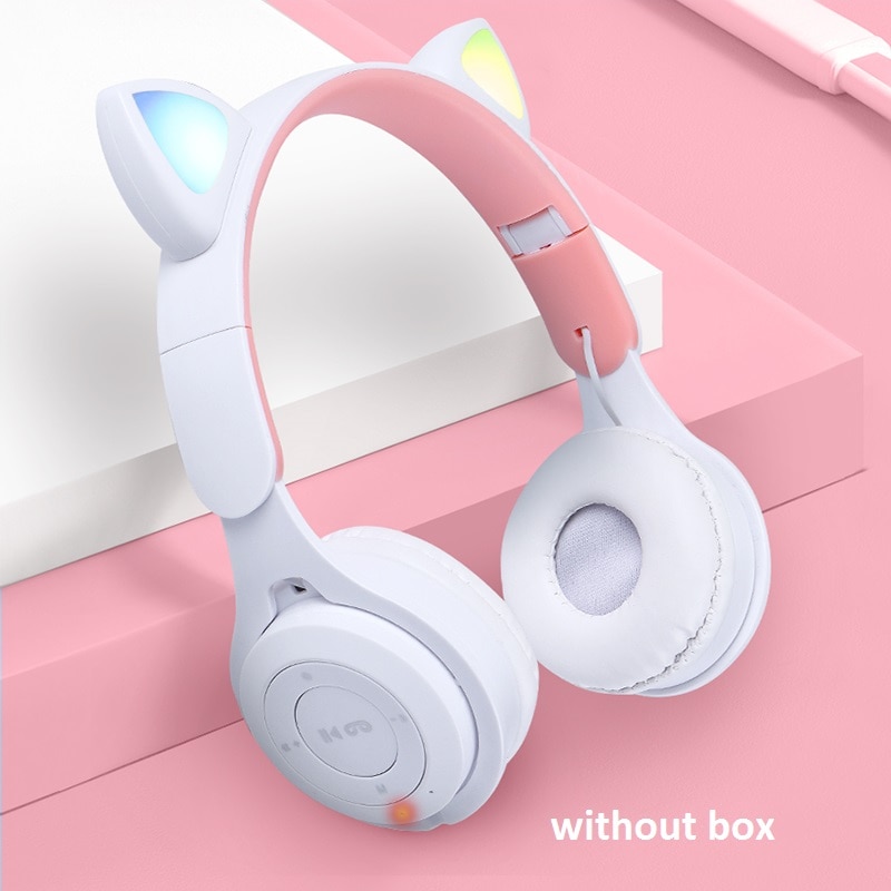 Flash Light Cute Cat Ear Headphones Wireless with Mic Can close LED ...