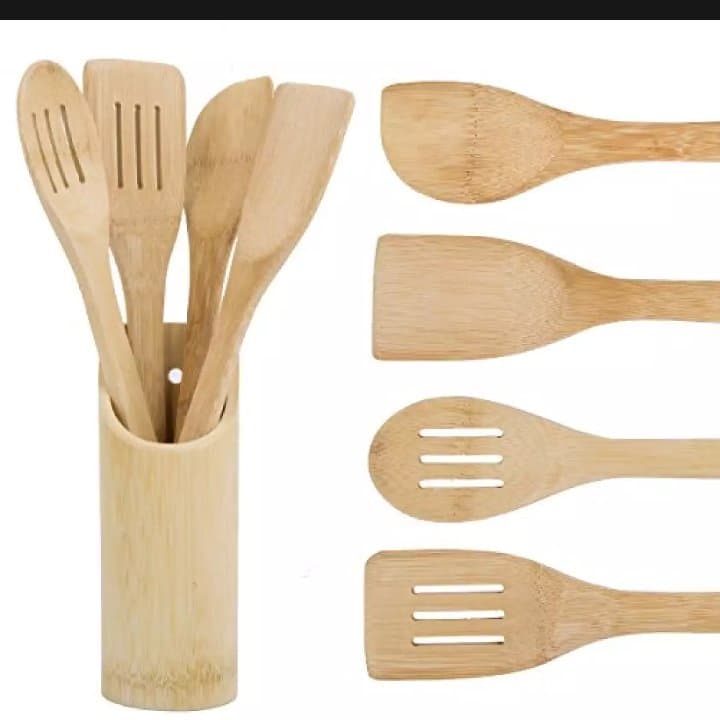 Kitchen Cooking Spoon with Bamboo Holder 5PCS Set, Made By Bamboo Wood ...