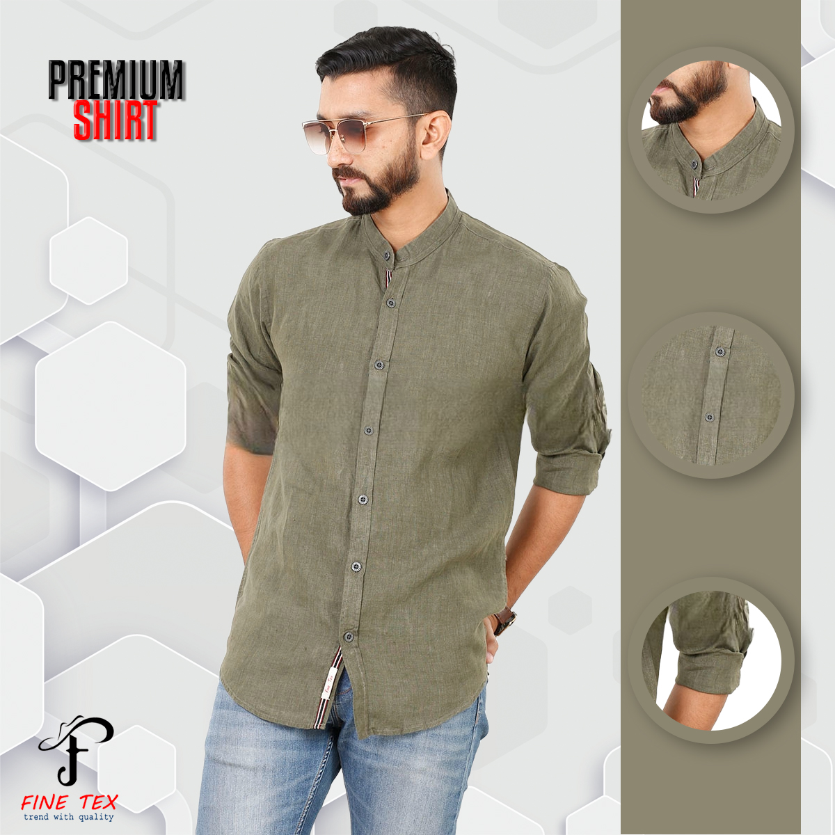 Premium Quality Rawan Fabric Olive Color Casual Band Collar Shirt For Men Collection By Fine Tex ...