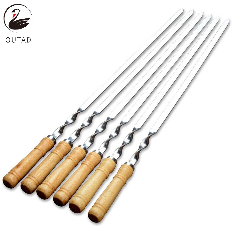 Stainless Steel Large Flat Barbecue Skewers Wooden Handle Barbecue ...