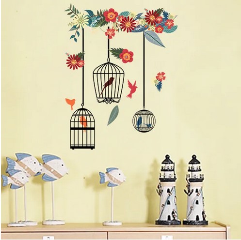 Colorful Flower Birdcage Wall Stickers for Living Room Bedroom Home ...