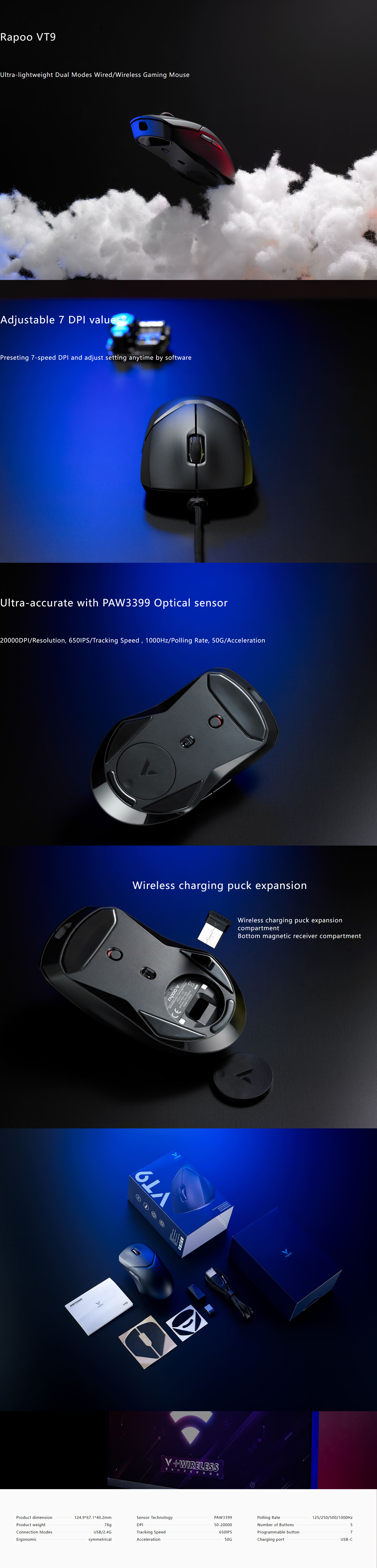 Rapoo VPRO VT9 Ultra-lightweight Dual-mode Gaming Mouse - 78g ultra ...