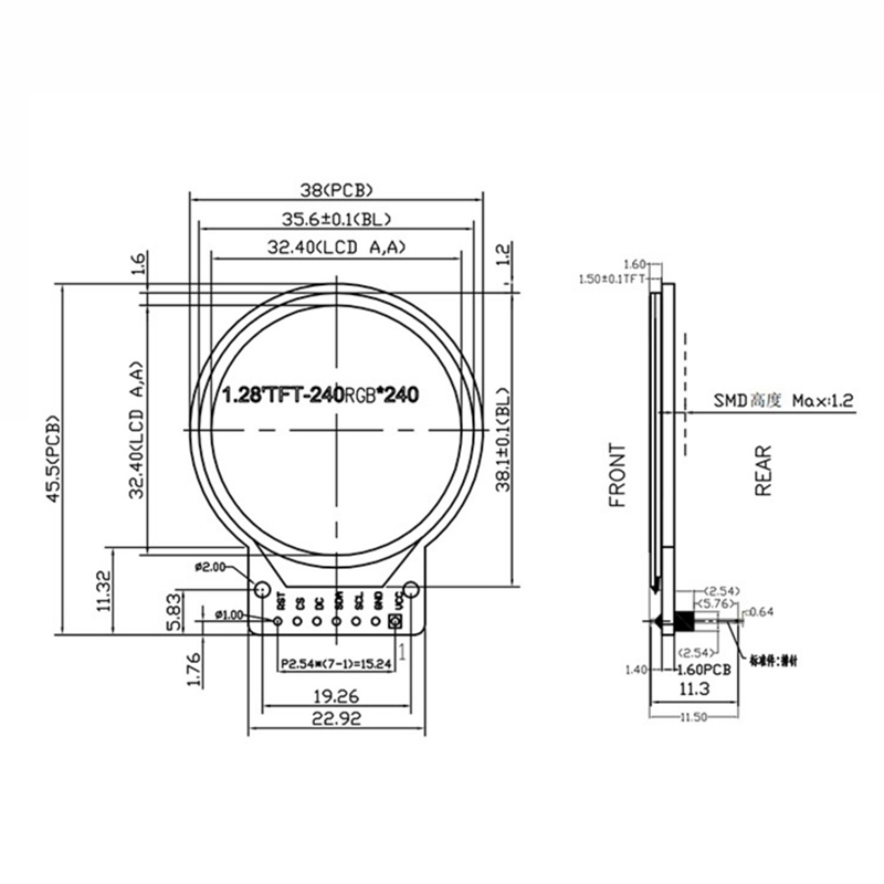 1.28 Inch TFT LCD Display Module Part Component Round RGB IPS HD ...