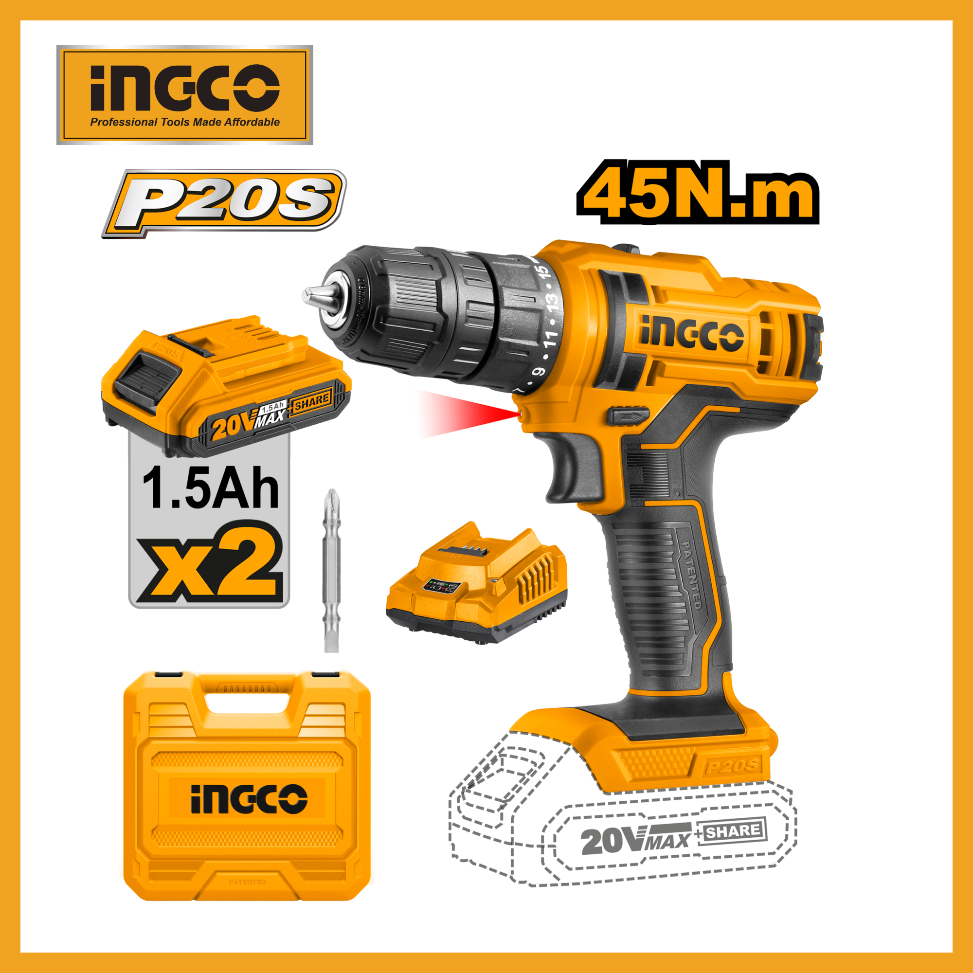 INGCO 20V Cordless Drill 45Nm Power Tools,15+1 Torque， 2-Speed,Work ...