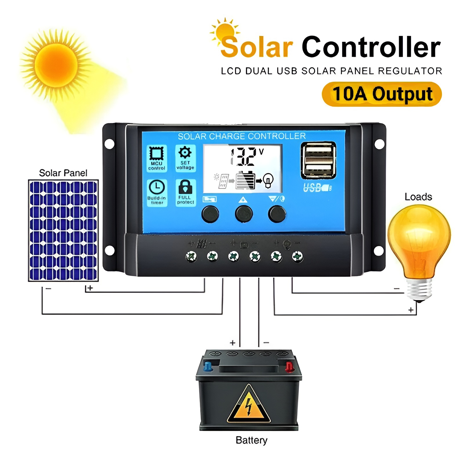 Solar Charge Controller 12V 24V Solar Panel Lcd Display Digital Pwm ...