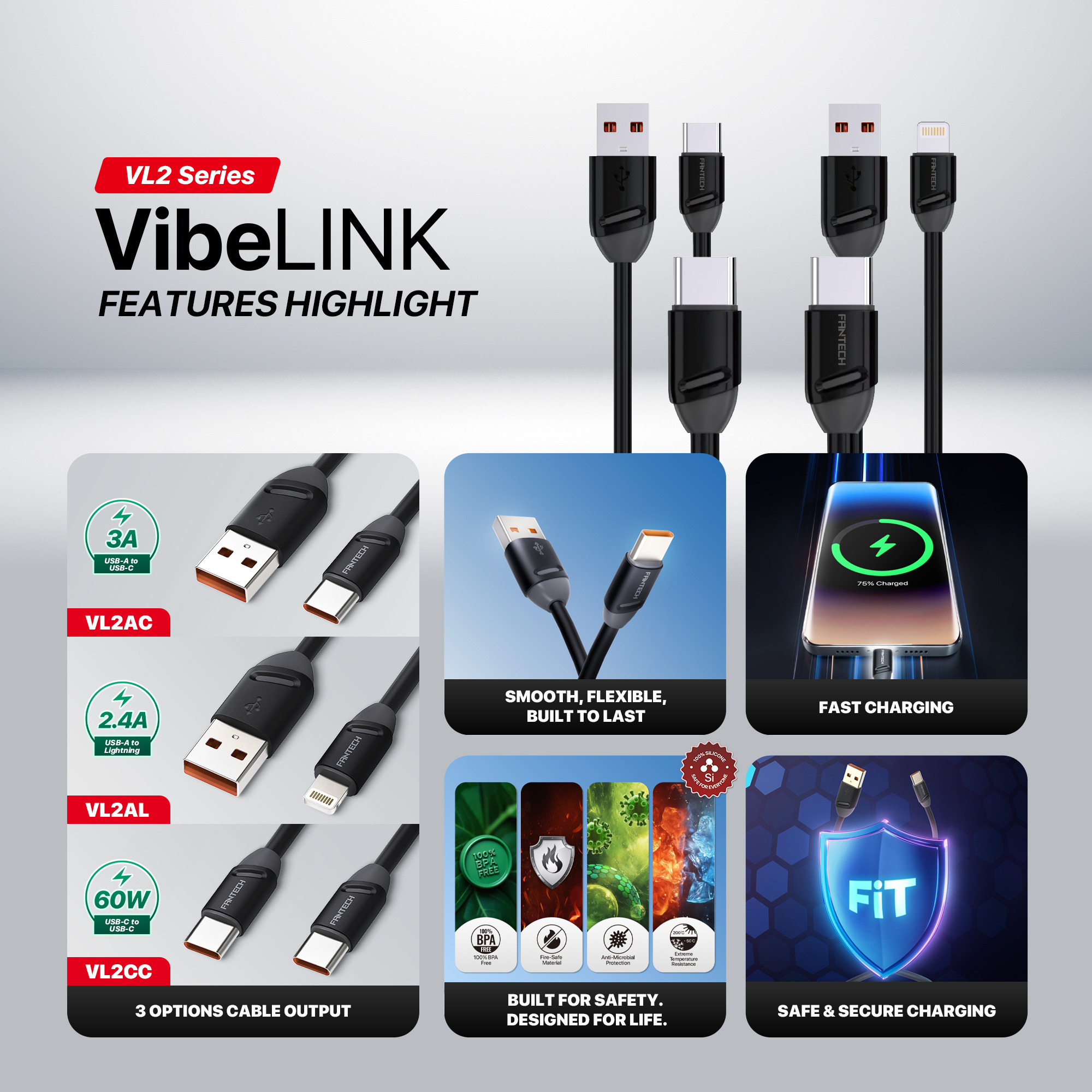 Fantech Vl2Al Series Vibelink Fast Charger Data Cable Usb-A To ...