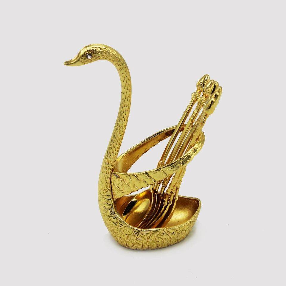 Spoon Set With Swan Stand - Golden and silver