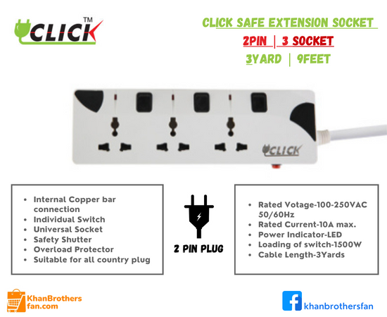 Click Safe Extension MultiPlug, 3 yard (9 feet) long cable, 2pin Plug ...