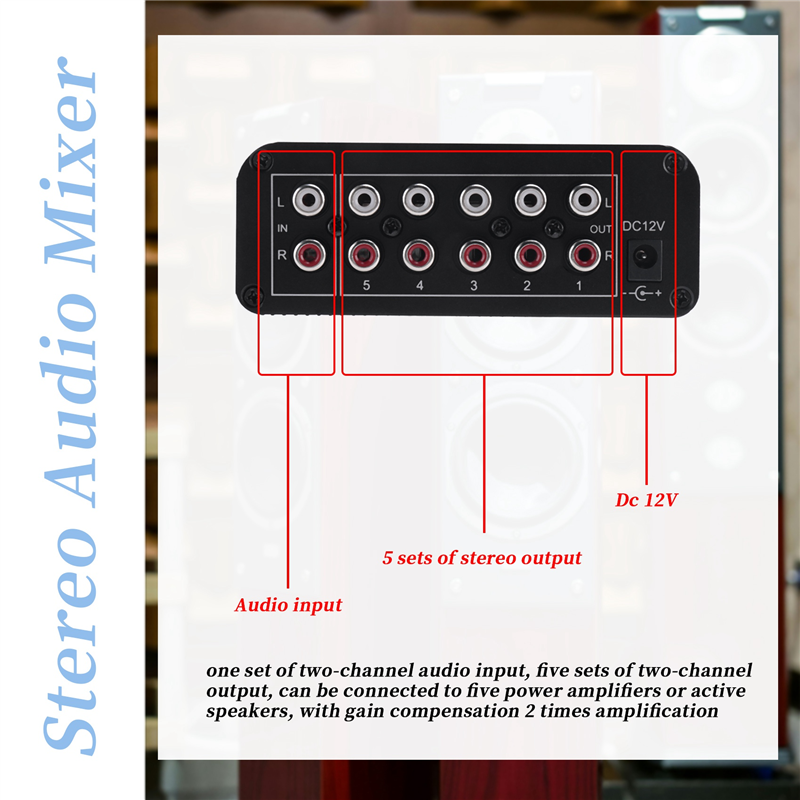 Stereo Audio Mixer 1 Input 5 Output Multi-Channel Audio Source ...