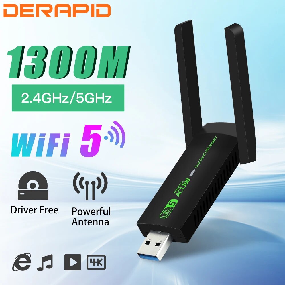 1300Mbps WiFi USB Adapter Dual Band 2.4G/5Ghz Wi-Fi Dongle 802.11AC ...