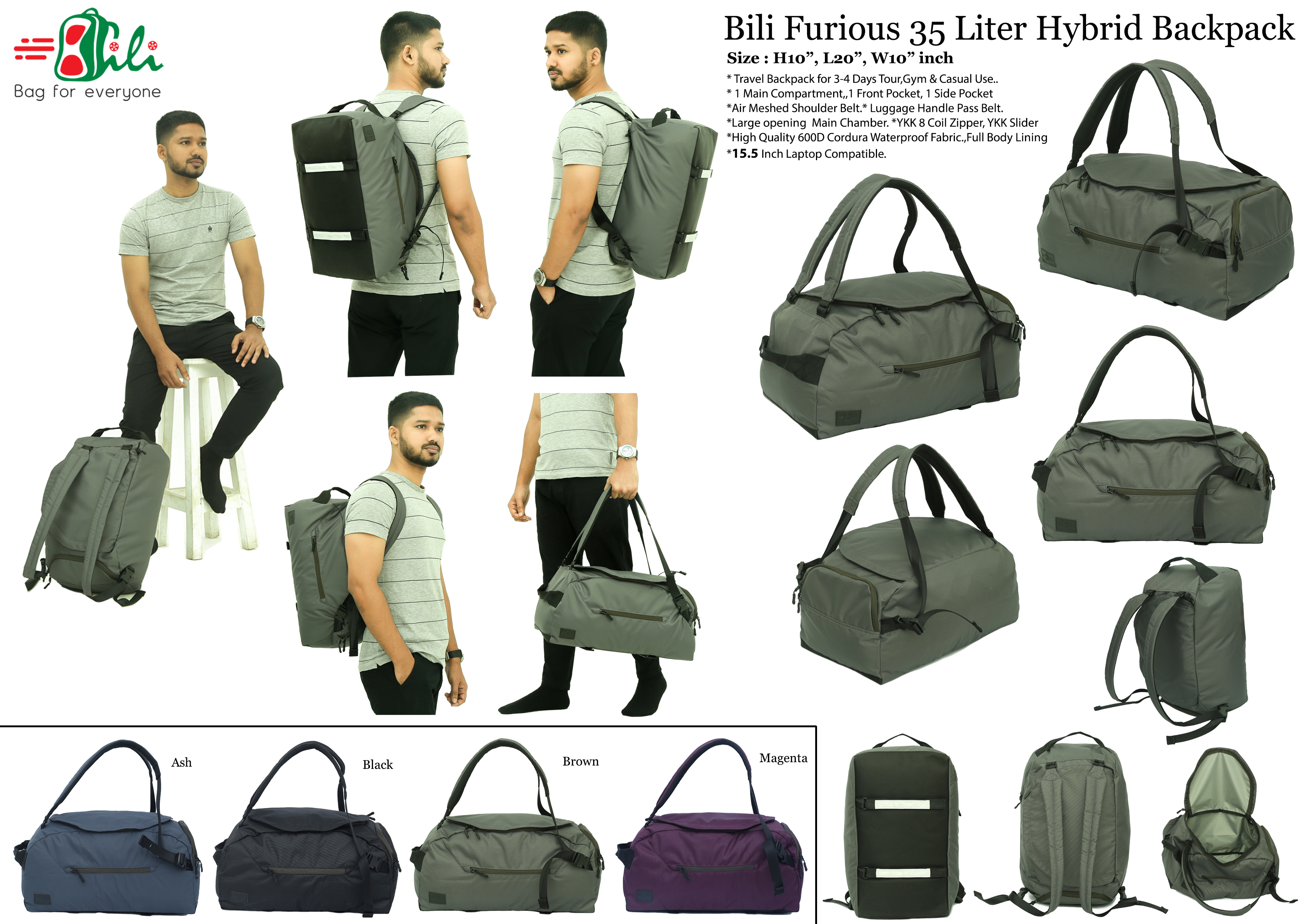 Bili Online Furious 30 Liter Travel Duffel Bag & Backpack, Waterproof ...
