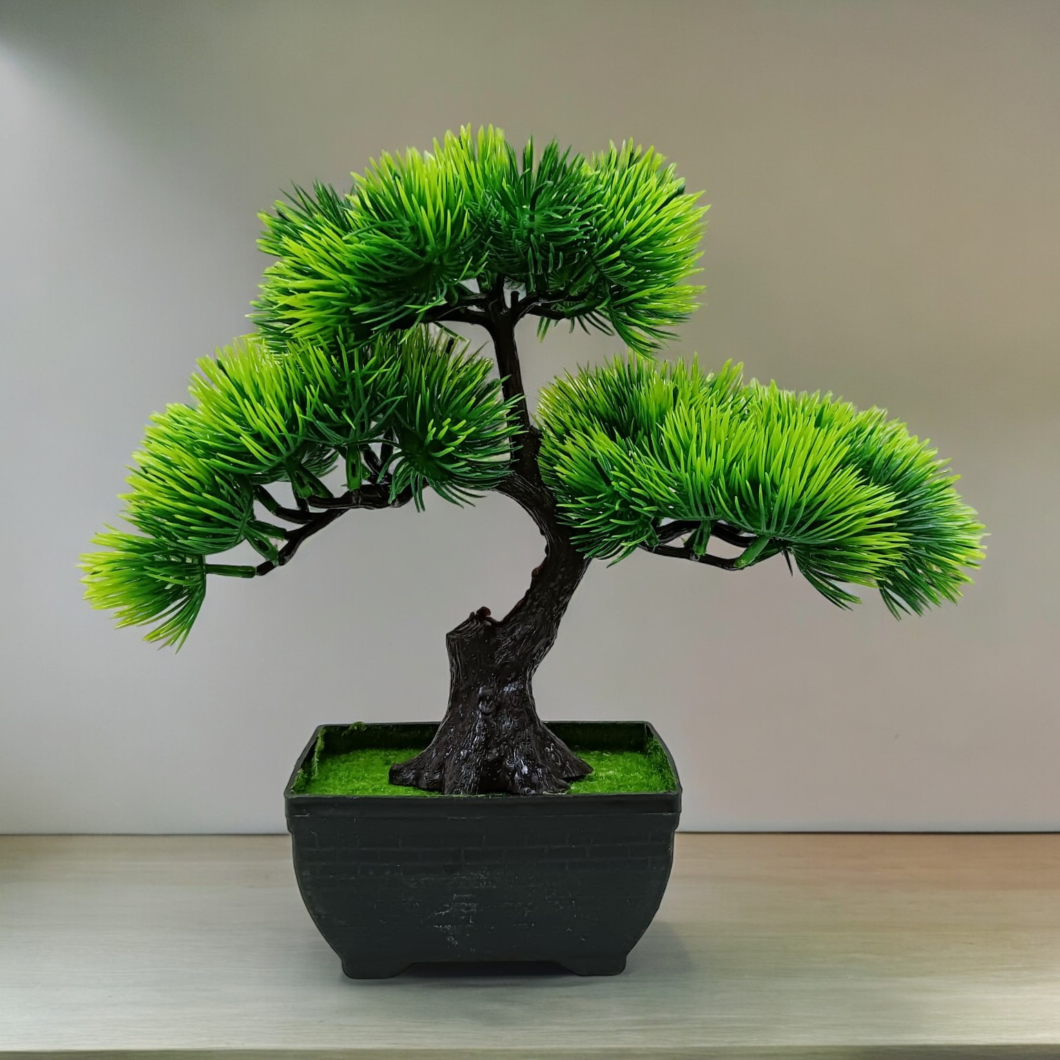 3 Green Heads Artificial Bonsai Tree in Plastic Vases for Office Table Decoration, Gram Beauty ...