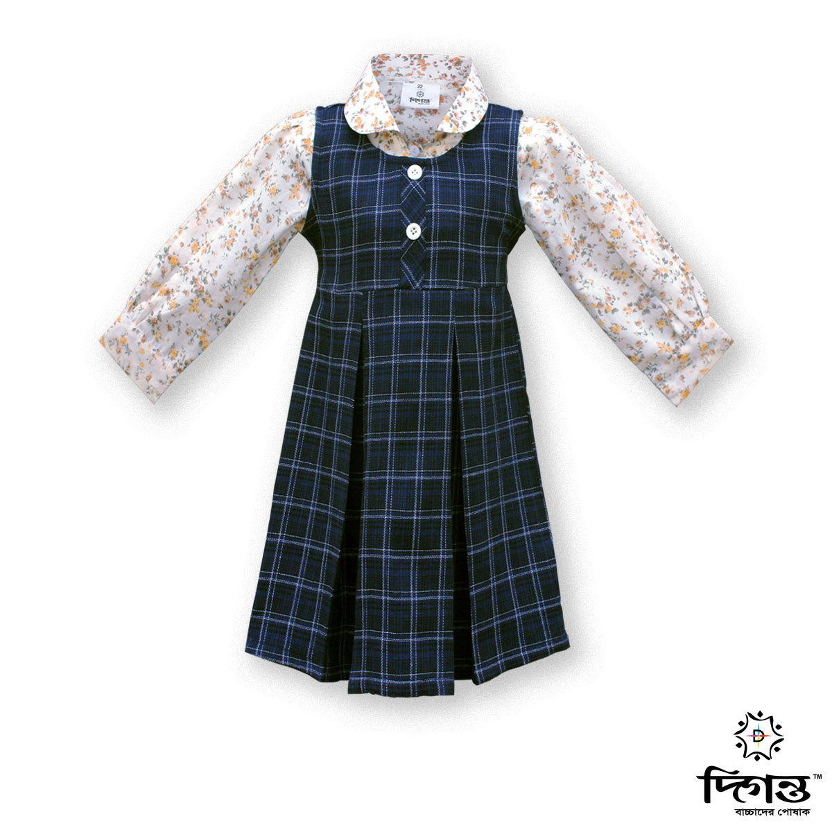 Navy Blue Check and White Light Print Falalen Cotton Tiunik Frock for ...