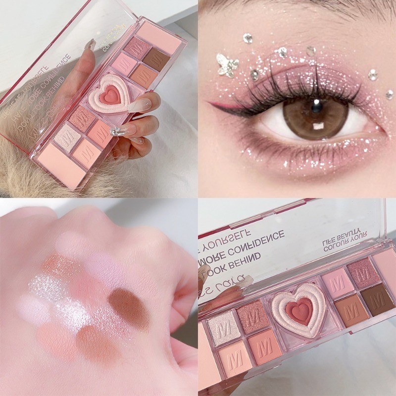 Pink Love Heart Eyeshadow Palette Pearly Matte Glitter Highlighting ...