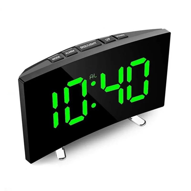 Digital Alarm Clock LED Curved Surface Mirror Electronic Clock Night ...