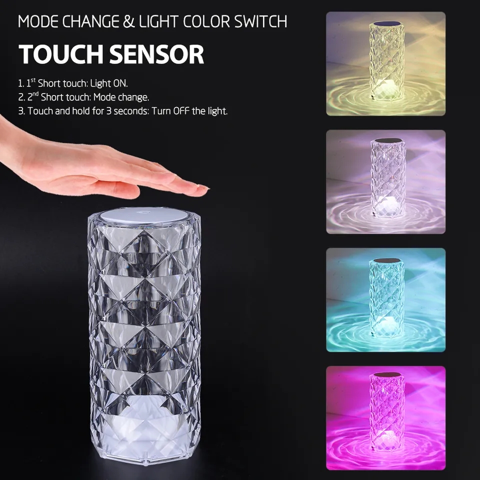Crystal Table Lamp RGB Color Changing Night Light Remote Romantic LED ...