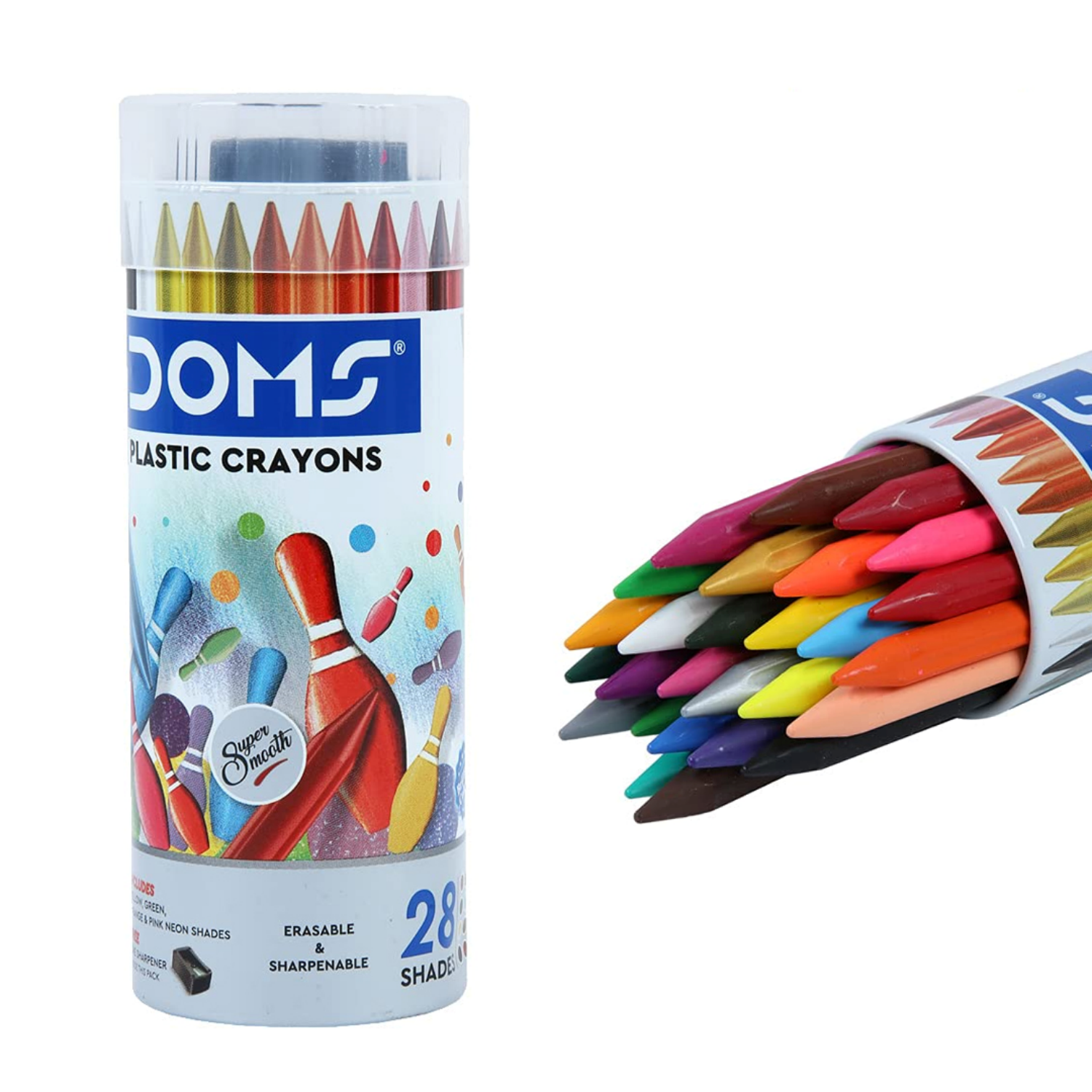 Doms 28 Shades Erasable Plastic Crayons Round Tin Box | Smooth & Even ...