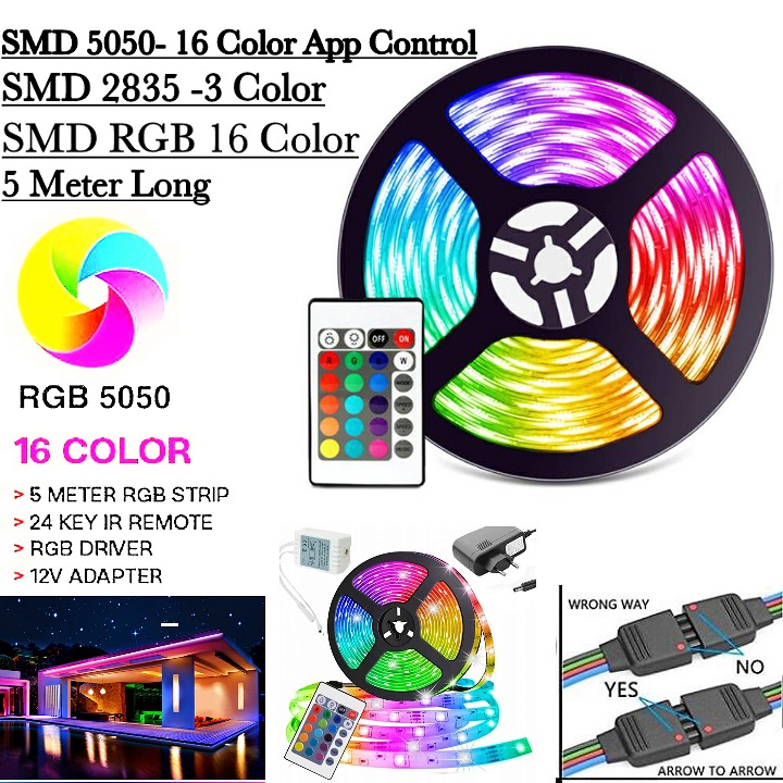 16 Color 5M RGB 5050 LED Strip light 300 SMD 24 Key Remote 12V 5A Power ...