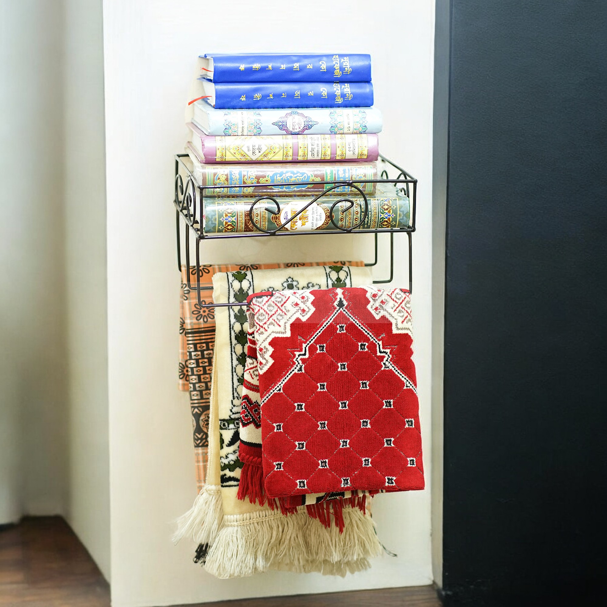 Black Metal Wall Mounted Quran Stand and Jaynamaz Shelf – Comes with 3 ...