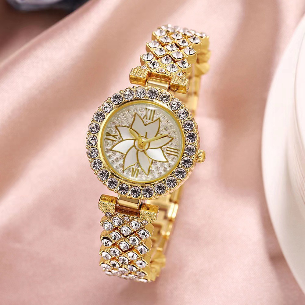 Fashionable Flower Design Stone Quartz Watch & Bracelet For Women 2Pcs ...