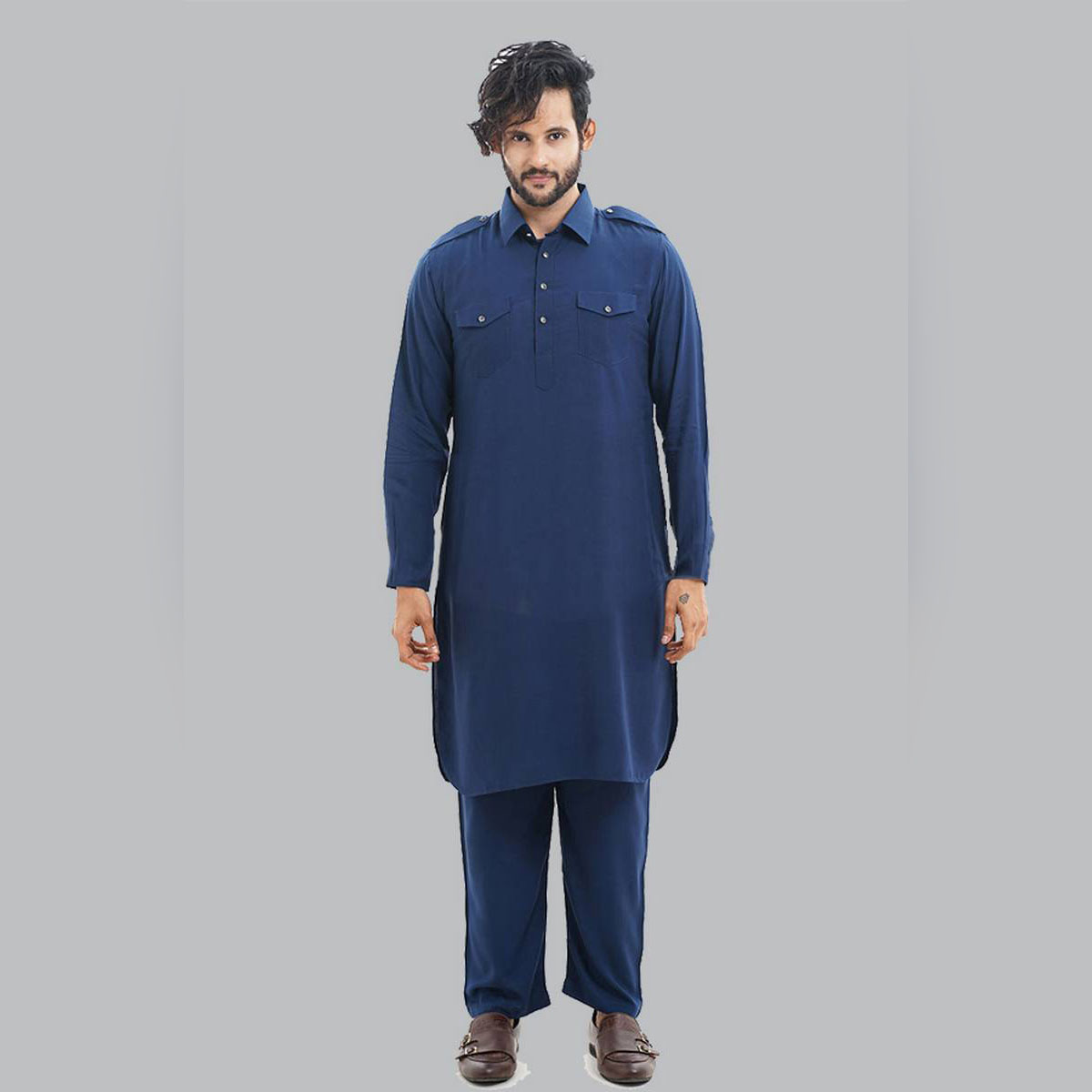 Fashionable Cotton Navy Blue Color Semi Long Kabli Set for Men | Daraz ...