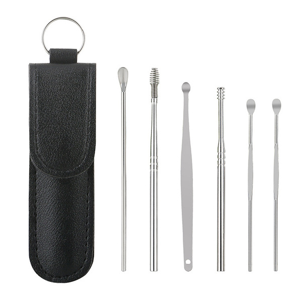 6PCS Ear Pick Set Portable Ear Cleaner Set Stainless Steel With Lather ...