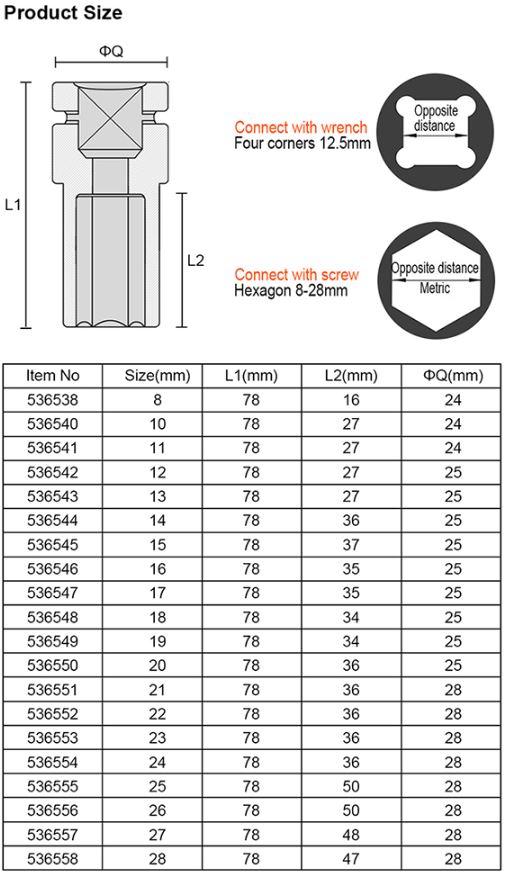 Harden 28mm Impact Long Socket 1/2" Drive 78mm long Deep Socket 536558