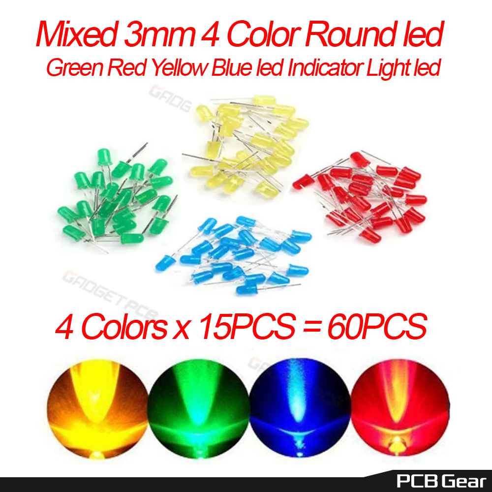 Mixed 4 Color 3mm Round LED Light Emitting Diode Basic LED Green Red ...