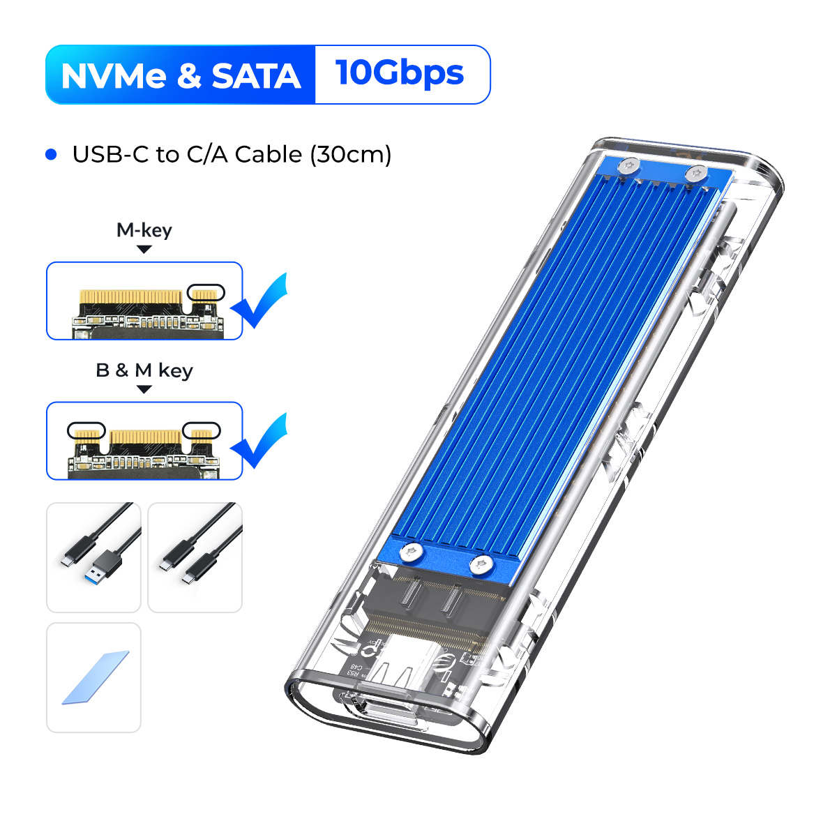 ORICO M2 SSD Case NVME SATA SSD Enclosure Tool Free 10Gbps M.2 to USB Type C Transparent ...